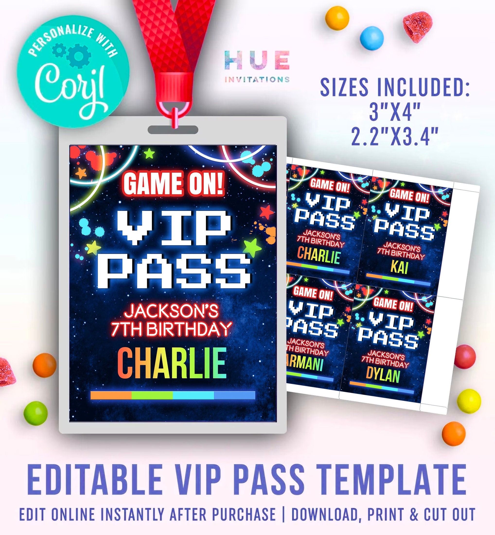 Boys Arcade Party VIP Pass Printable Template for Lanyards | Game on ...