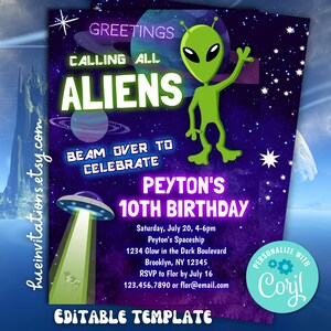 Ufo Alien Birthday Party Invitation Editable Template | Outer Space ...