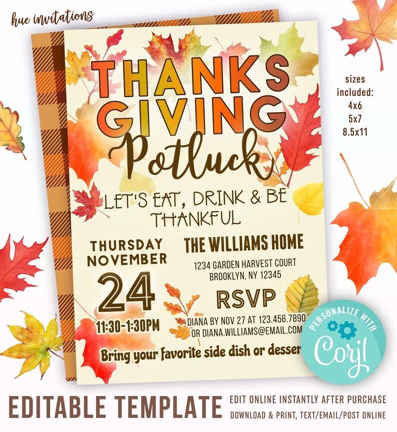 Thanksgiving Potluck Invitation Editable Template | Thanksgiving Dinner ...