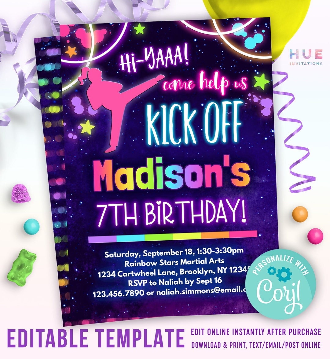 Rainbow Karate Party Invitation Editable Template | Rainbow Martial ...