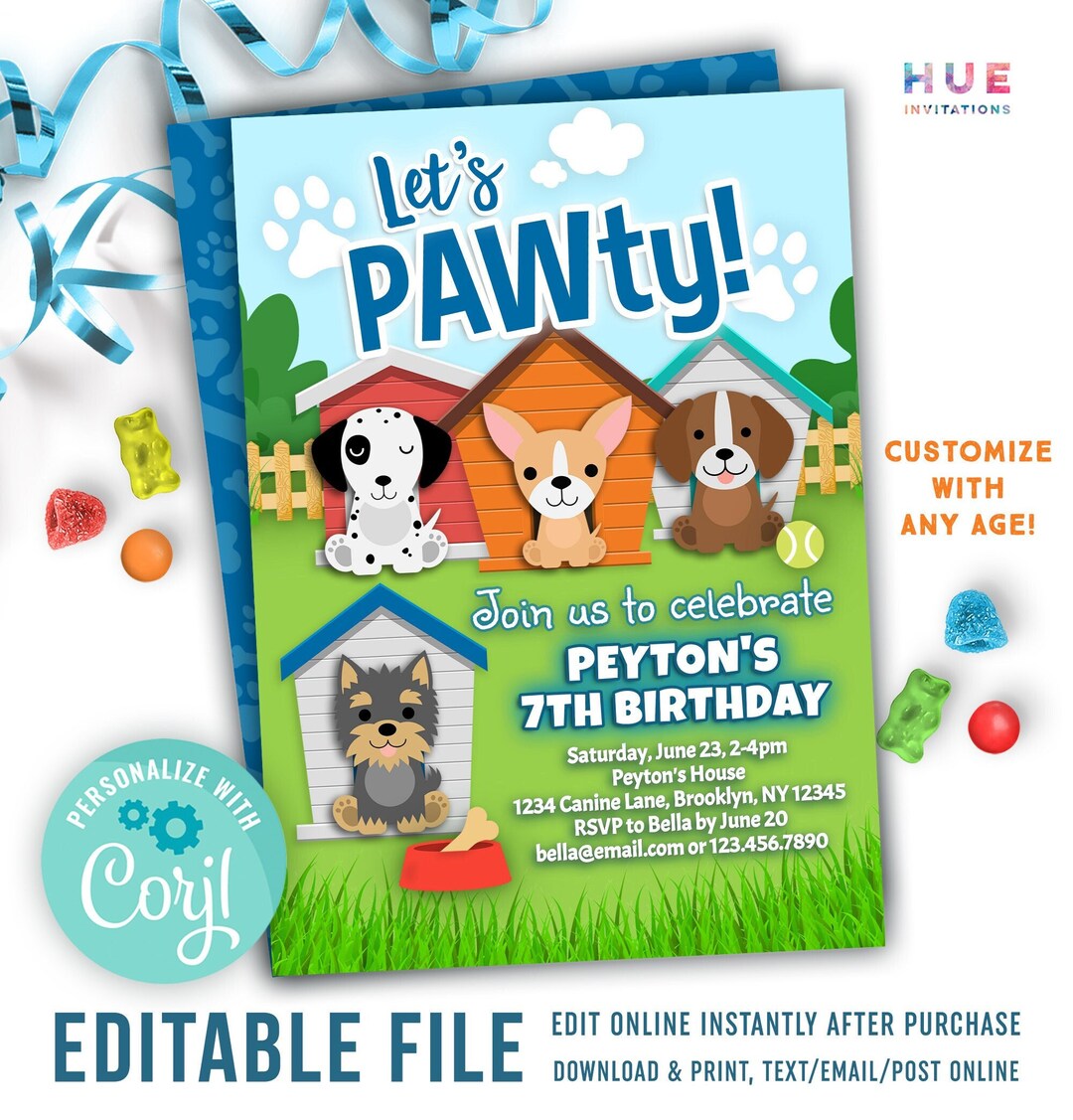 Editable Puppy Pawty Birthday Invitation for Boys and Girls | Dog Theme ...