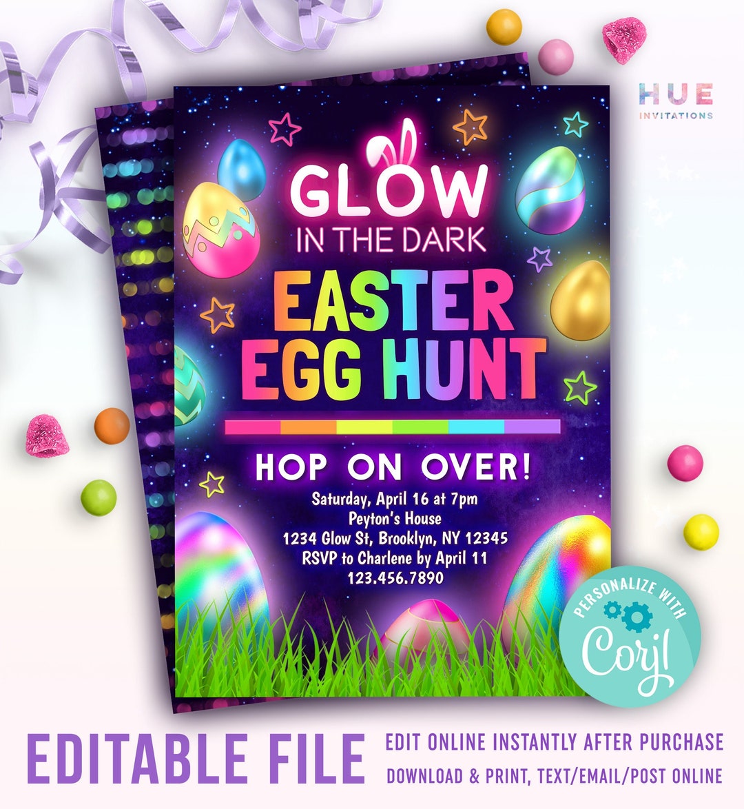 Glow in the Dark Easter Egg Hunt Editable Invitation Template Printable Glow Egg Hunt Invite ...