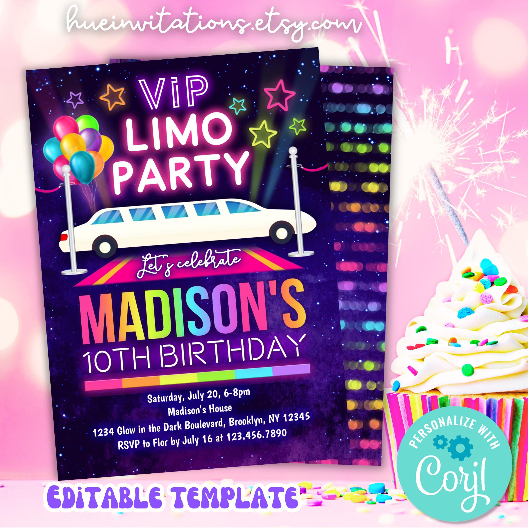 White Limo Party Invitation for Kids | Rainbow VIP Limousine Birthday ...