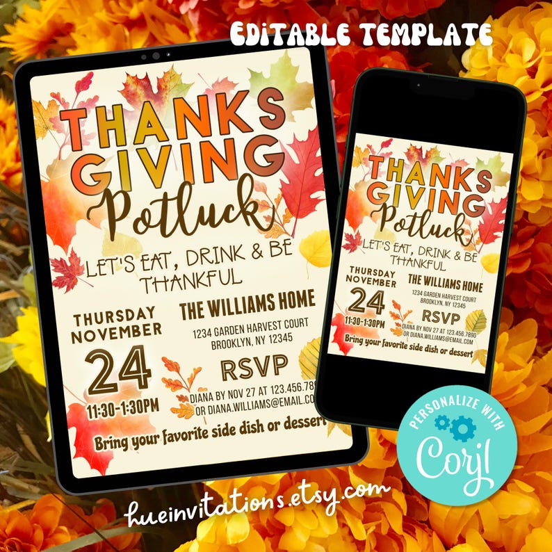 Thanksgiving Potluck Invitation Editable Template | Thanksgiving Dinner ...