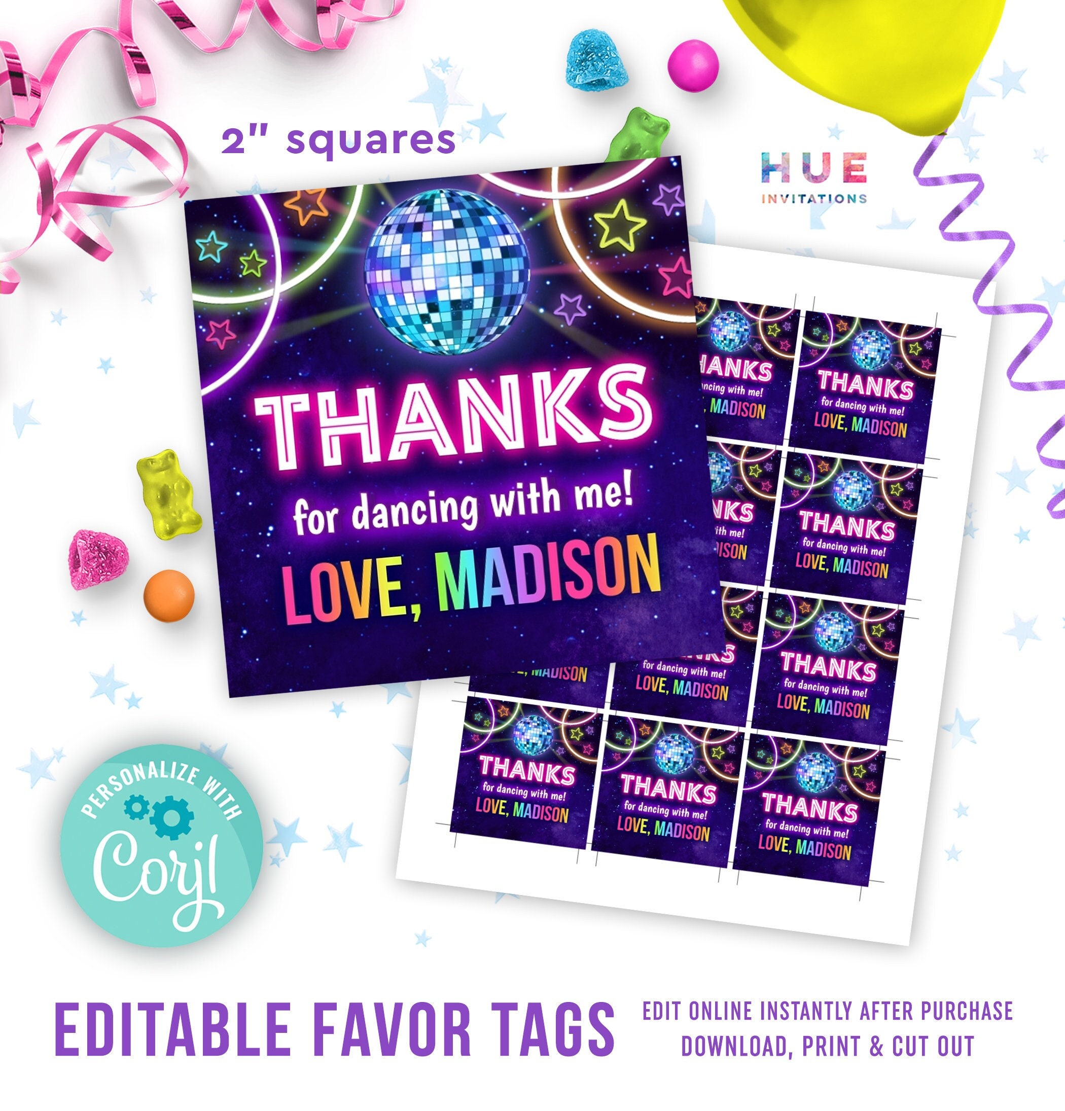 Dance Party Favor Tags Instant Download Rainbow Disco Ball Thank You ...