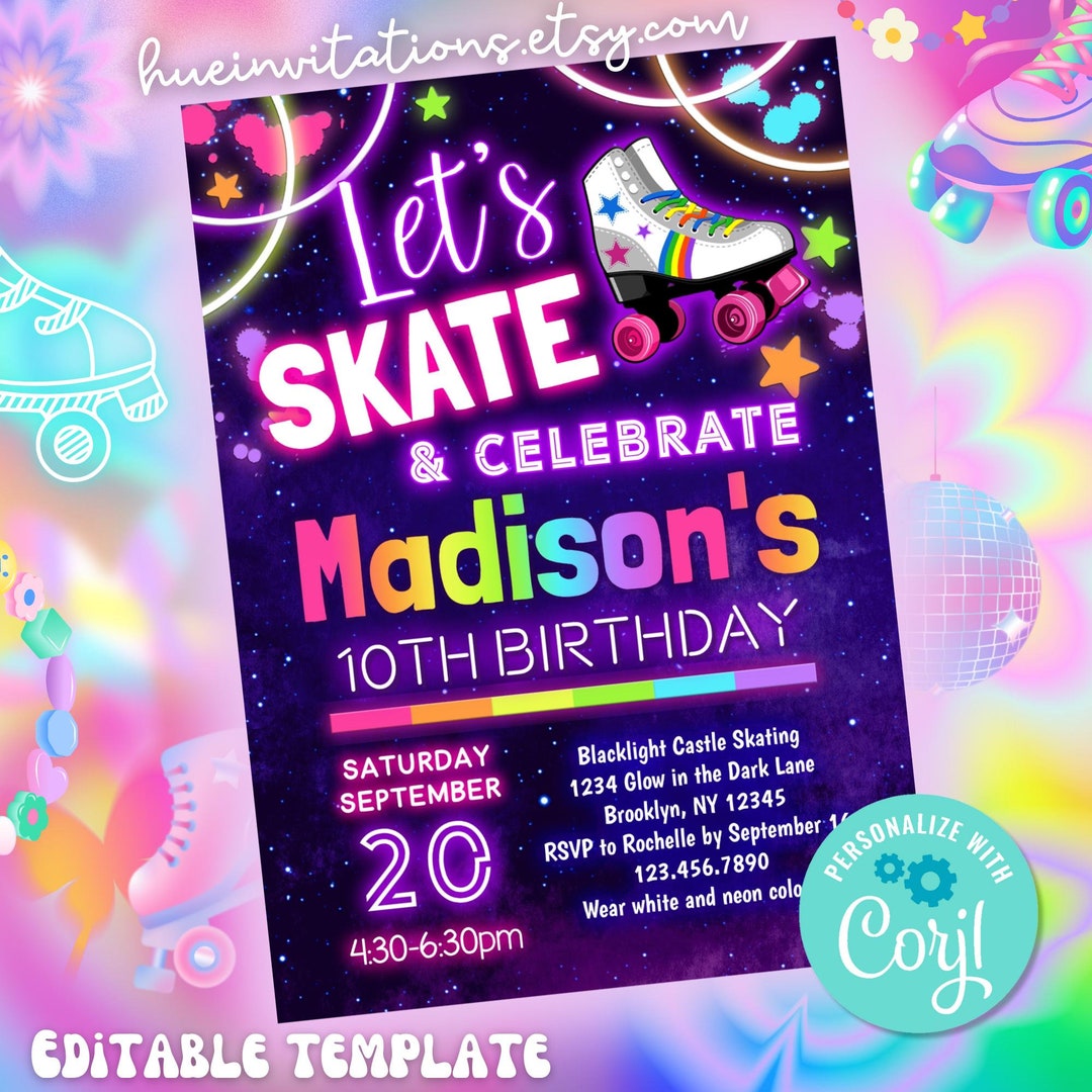 Glow Roller Skating Birthday Invitation | Skate & Celebrate Neon Disco ...