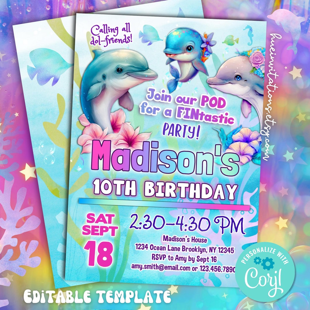 Cute Dolphin Birthday Party Invitation | Under the Sea Hawaiian ...