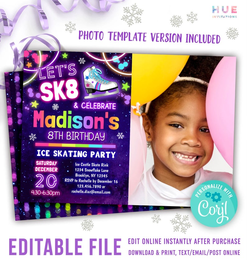 Glow ICE SKATING Birthday Invitation Editable Template Neon - Etsy