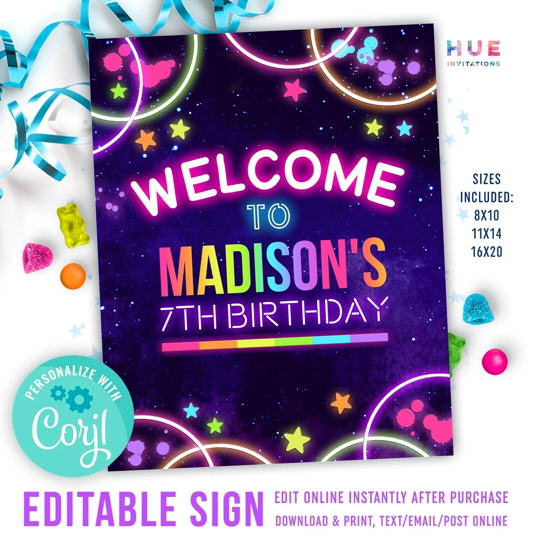 Editable Welcome Sign for Girls Glow Party Birthday | Rainbow Neon Glow ...