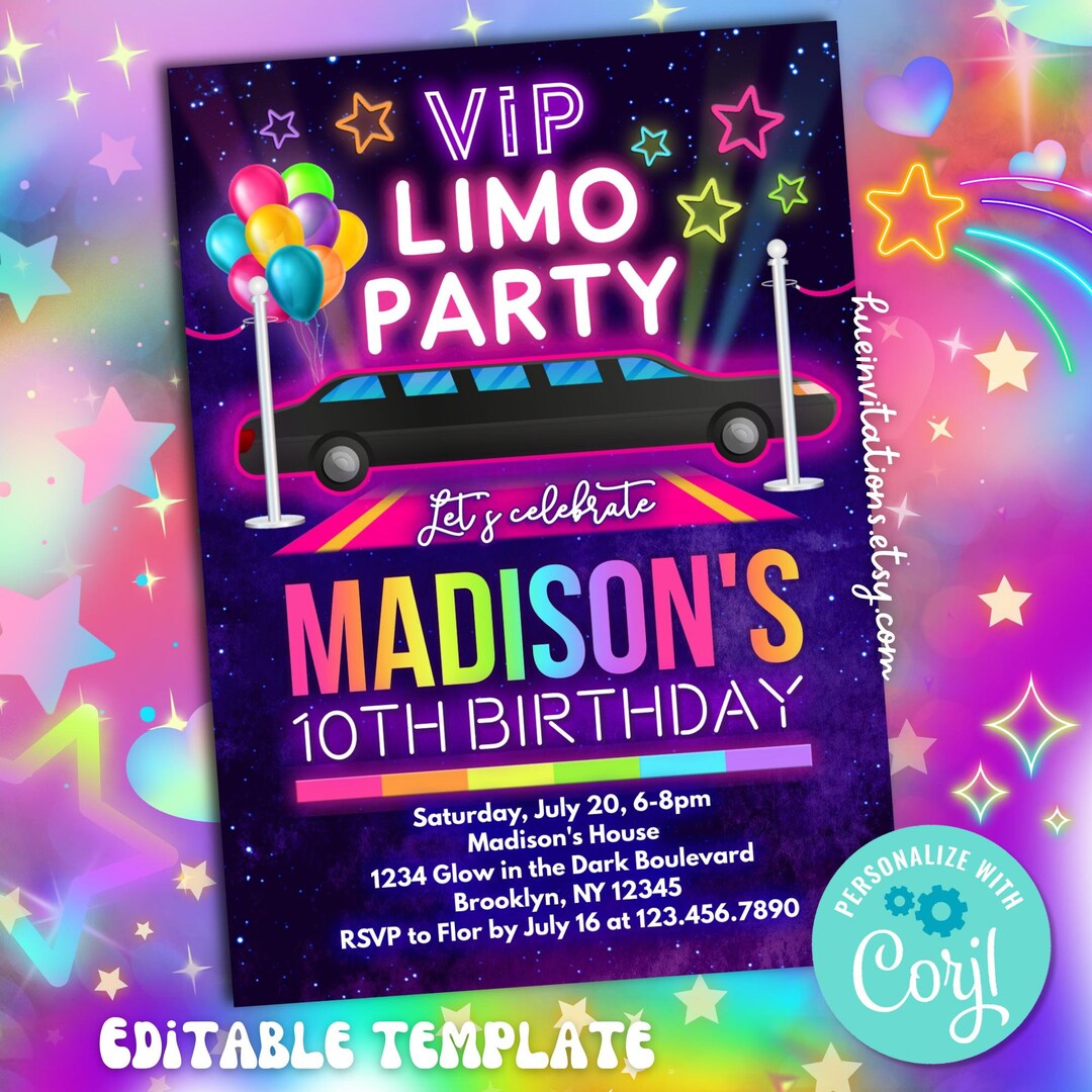 Rainbow Limo Party Invitations | VIP Limousine Birthday Party ...
