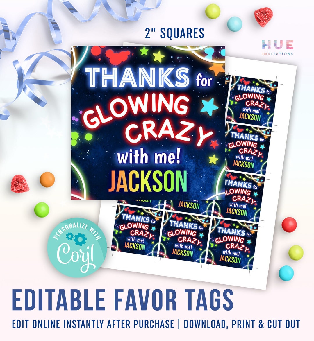 Glow Party Favor Tags | Glowing Crazy With Me Birthday Thank You Party ...