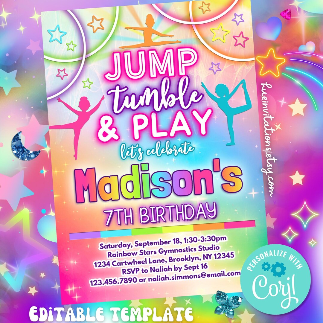 Rainbow Gymnastics Party Invitation Editable Template | Girls Jump ...