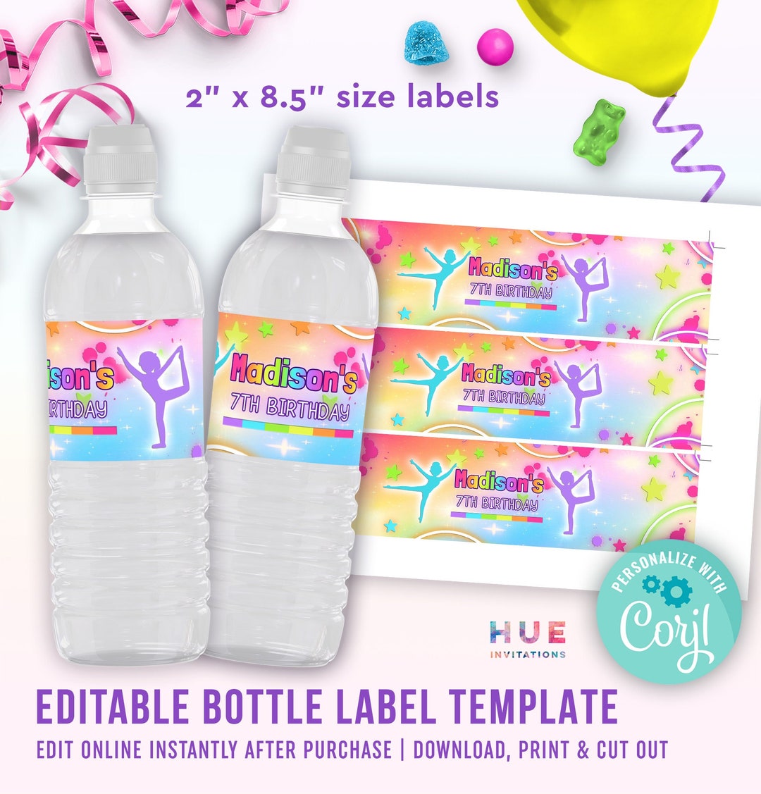Gymnastics Party Water Bottle Labels Editable Template | Rainbow Colors ...