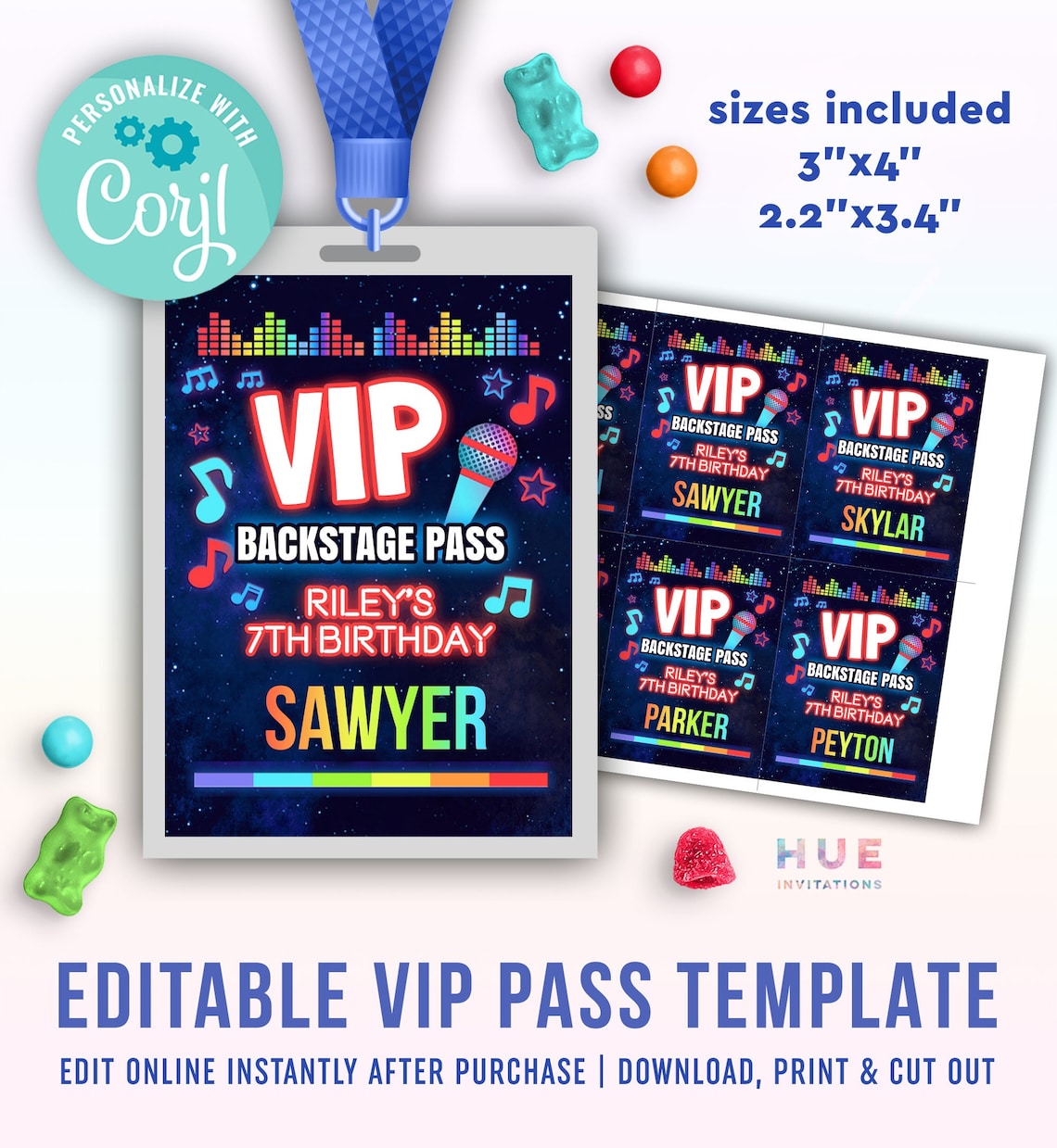 Music Birthday VIP Backstage Pass Template for Lanyards | Rainbow Rock ...