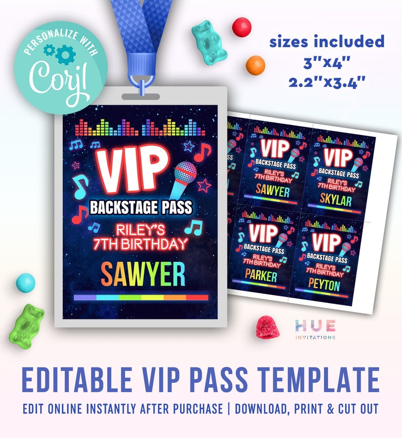 Music Birthday VIP Backstage Pass Template for Lanyards Rainbow Rock ...