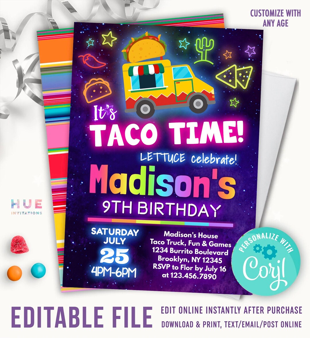 Taco Truck Birthday Party Invitation Editable Template | Taco Time ...