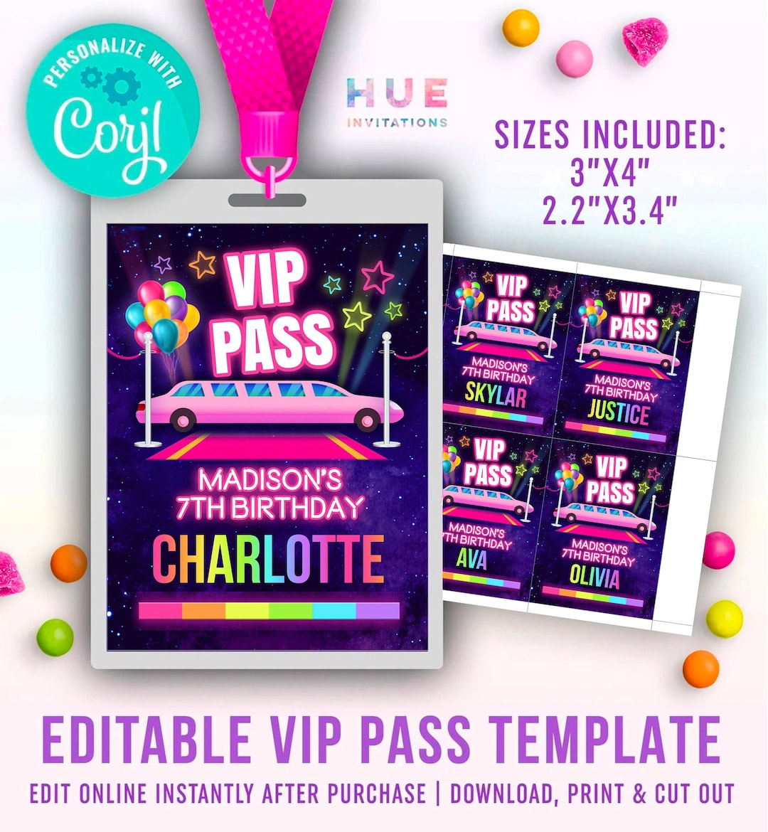 Limo Party VIP Pass Printable Template for Lanyards | Girls Rainbow ...