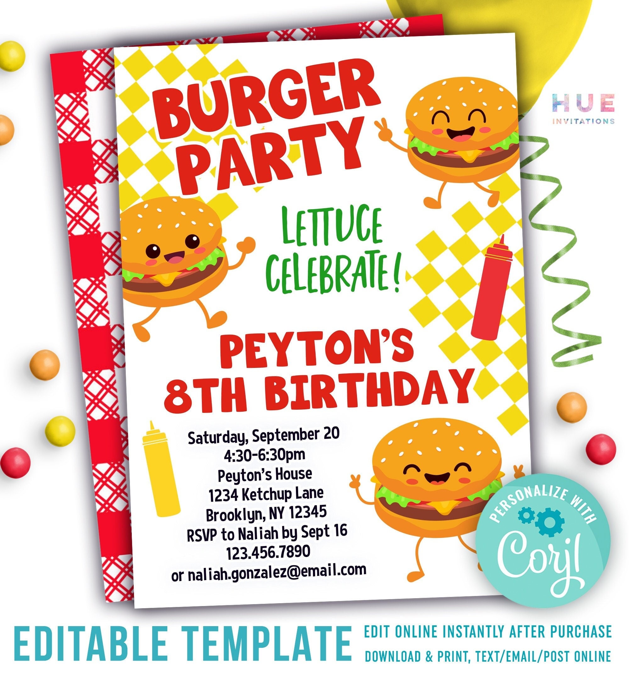 Burger Birthday Party Invitation for Kids | Cute Burger Theme Birthday ...