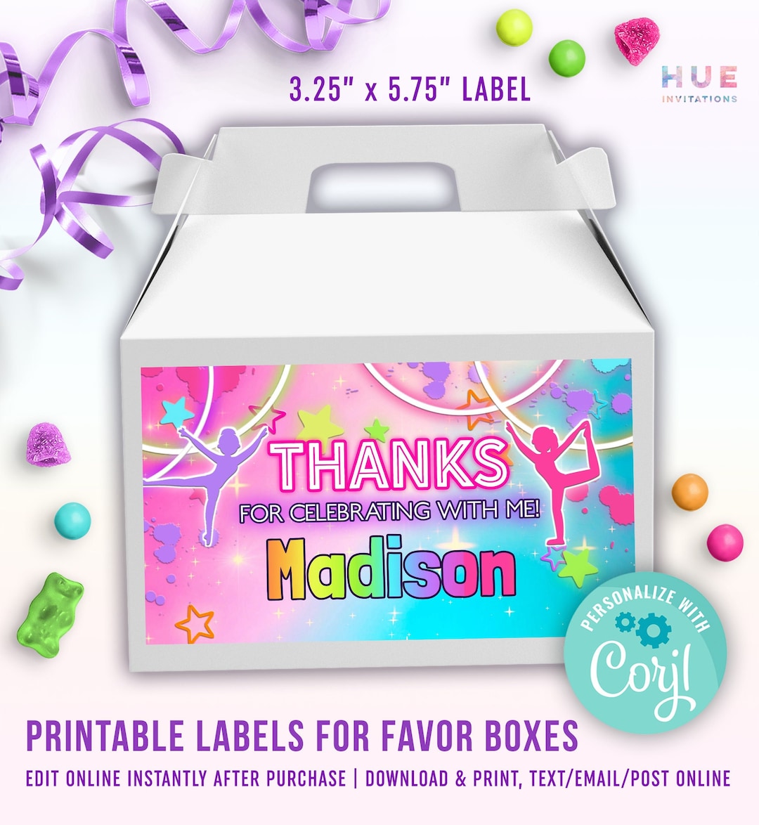 Gymnastics Party Favor Box Labels Rainbow Colors | Jump Tumble Play ...