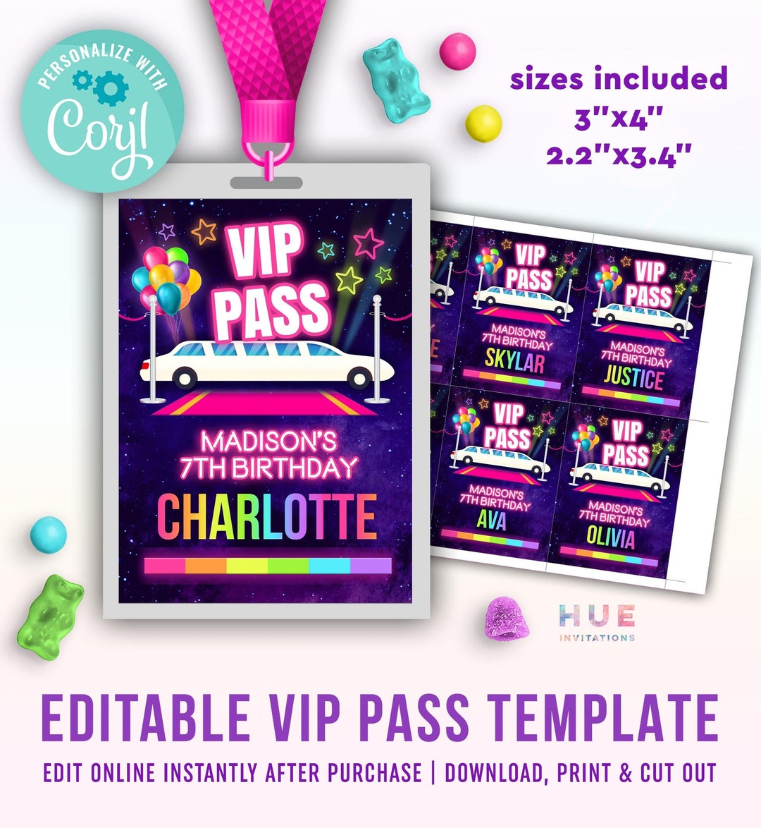 White Limo Party VIP Pass Printable Template for Lanyards | Girls VIP ...