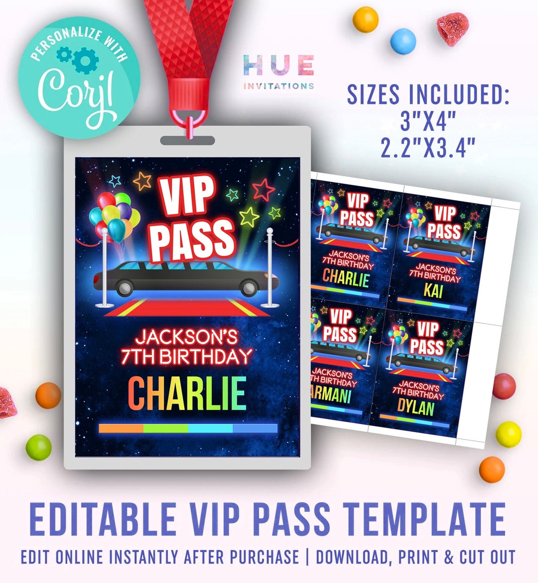 Kids Limo Party VIP Pass Printable Template for Lanyards | Boys Rainbow ...