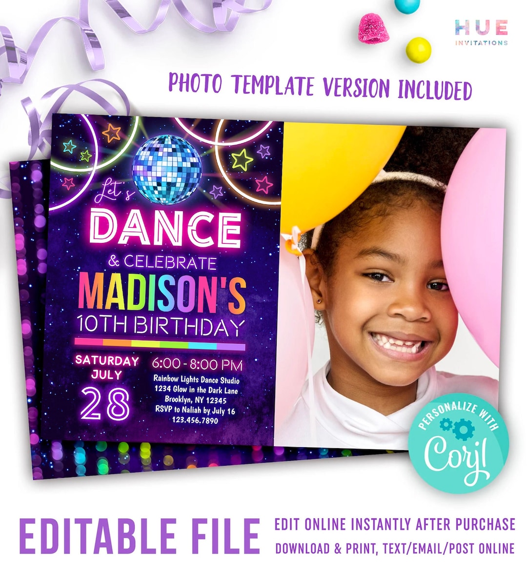 Girls Disco Dance Party Invitation With Photo | Dance & Celebrate Neon ...