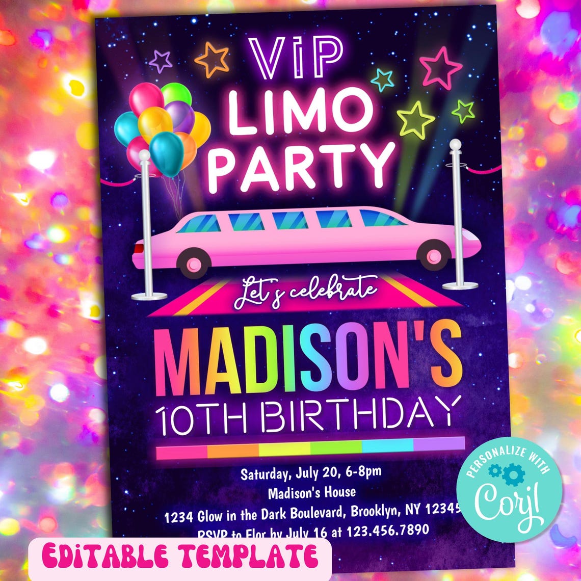 Pink Limo Party Invitation Editable Template | Rainbow VIP Limousine ...