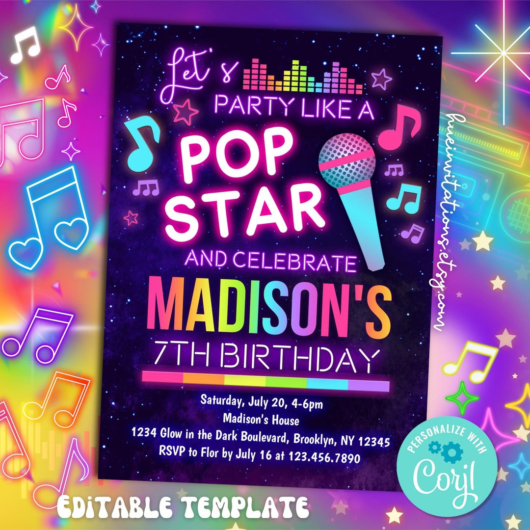 Pop Star Music Birthday Invitation Corjl Template | Party Like a Pop ...