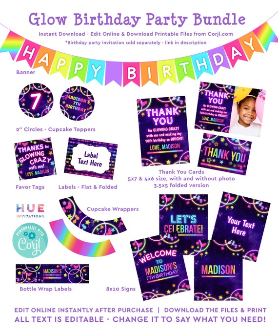 Neon Glow Party Bundle Coordinating Templates Instant Download - Etsy