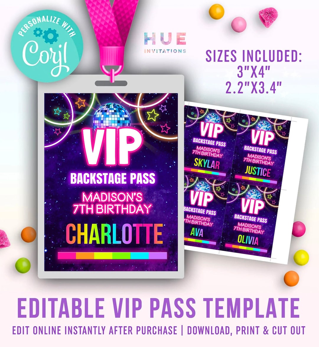 Disco Ball VIP Backstage Pass Editable Template | Rainbow Glow Dance ...