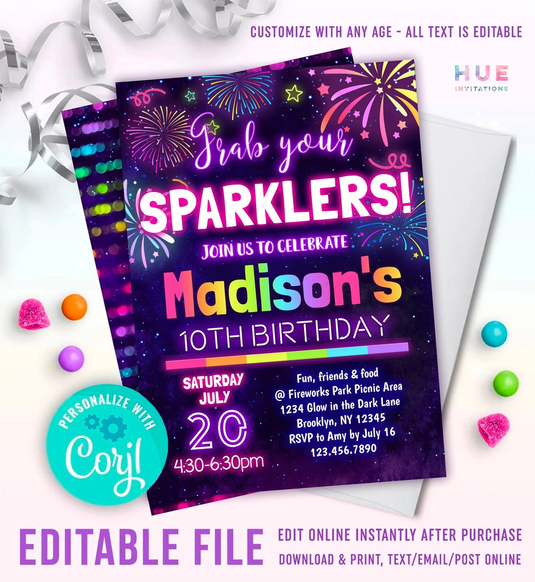 Rainbow Fireworks Birthday Invitation Editable Template | Girls 4th of ...