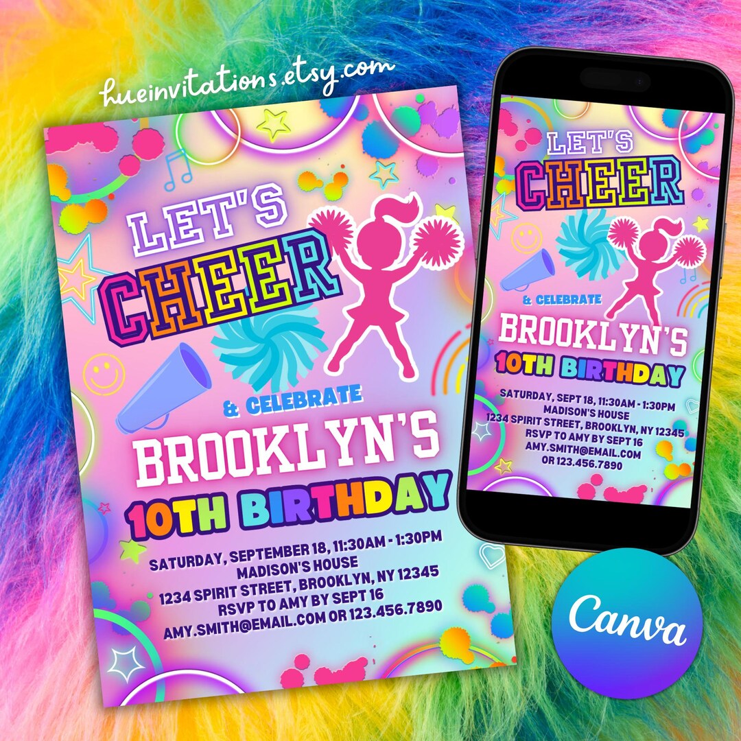 Cheerleading Theme Birthday Party Invitations Editable With Canva ...