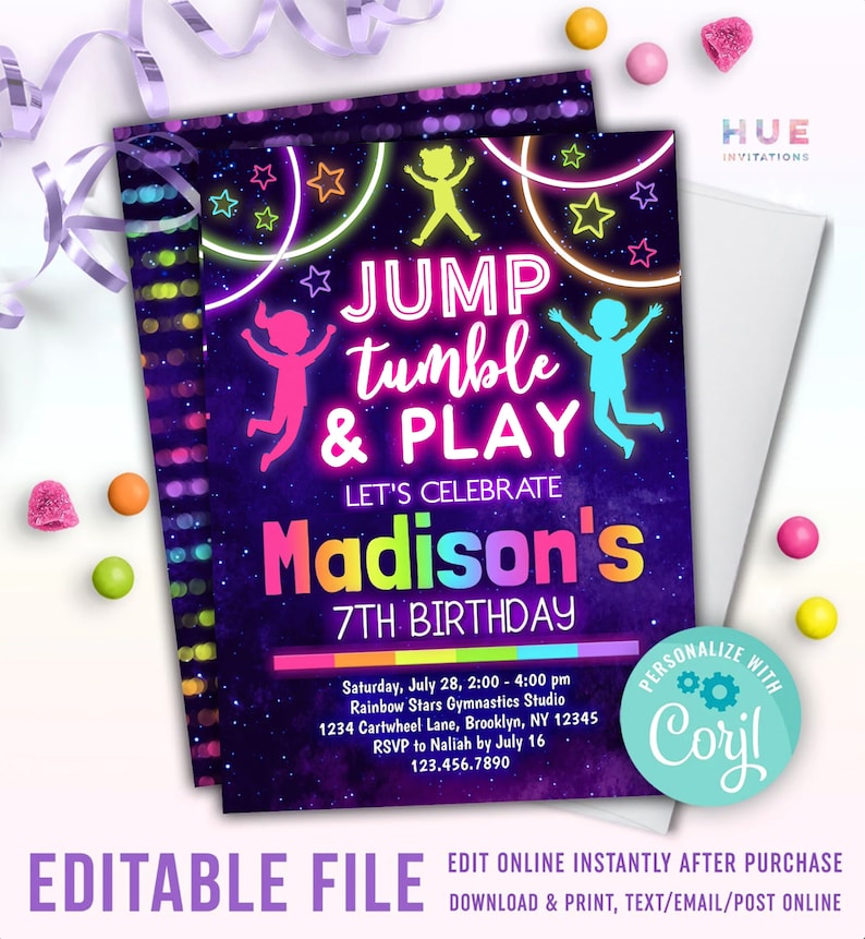 Editable Girls Trampoline Park Birthday Photo Invitation - Etsy