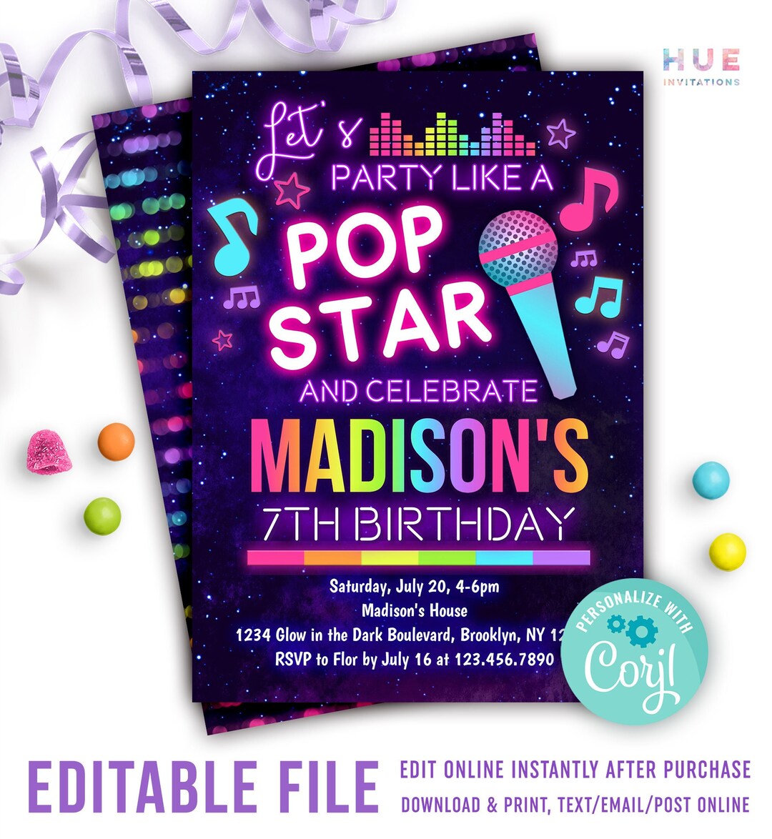 Pop Star Music Birthday Invitation Instant Download Glow in the Dark ...