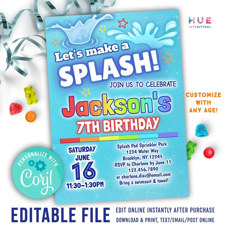 Boys Splash Pad Birthday Party Invitation Template Editable Sprinkler ...