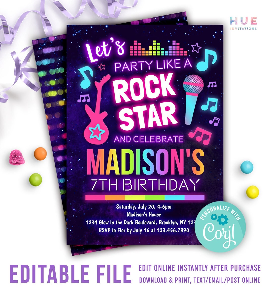 Rock Star Music Birthday Party Invitation Instant Download Rainbow Glow ...