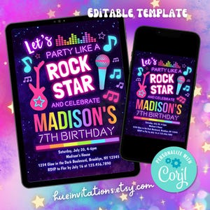 Rock Star Music Birthday Party Invitation Corjl Templates | Rainbow ...