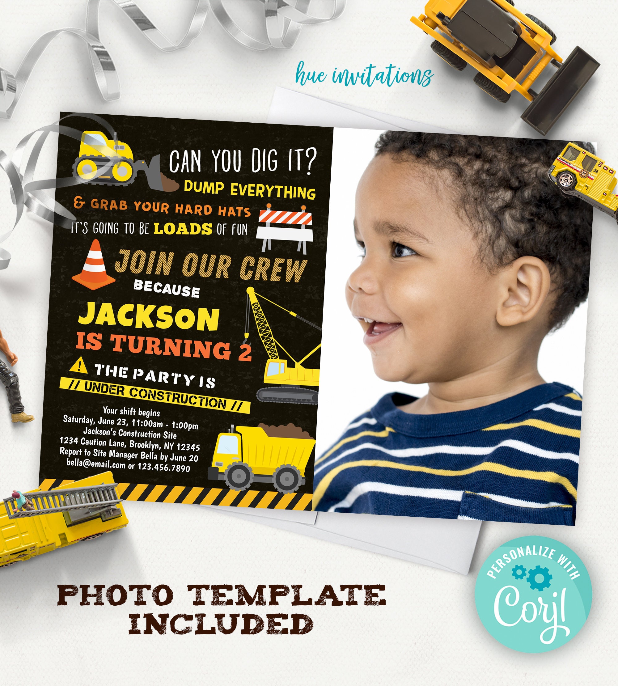 Construction Party 2nd Birthday Invitation Corjl Template | Boys Dump ...