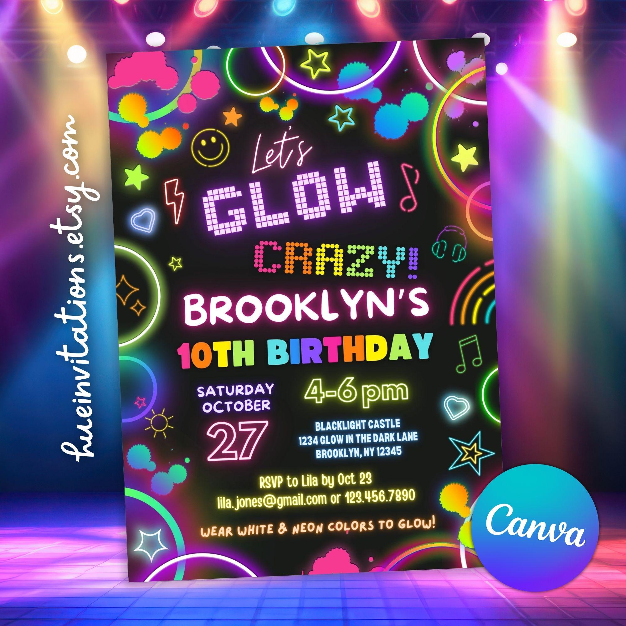 Neon Glow Crazy Birthday Invitation | Neon Birthday Invites for Girls ...