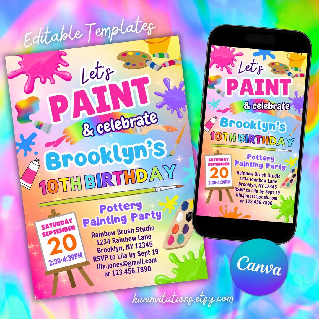 Pottery Painting Invitation Template Editable With Canva | Rainbow ...