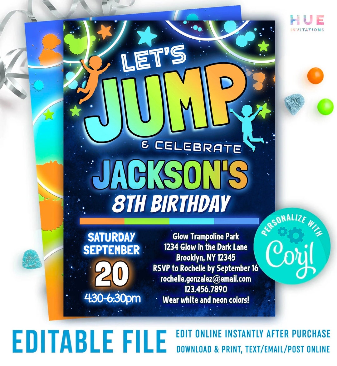 Boys Jump Party Birthday Invitation Neon Glow Jump & Celebrate ...
