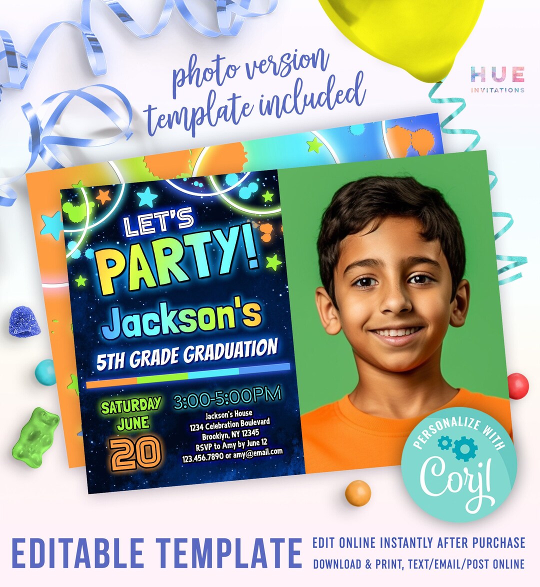 5th Grade Graduation Invitation for Boy With a Photo End of the School ...