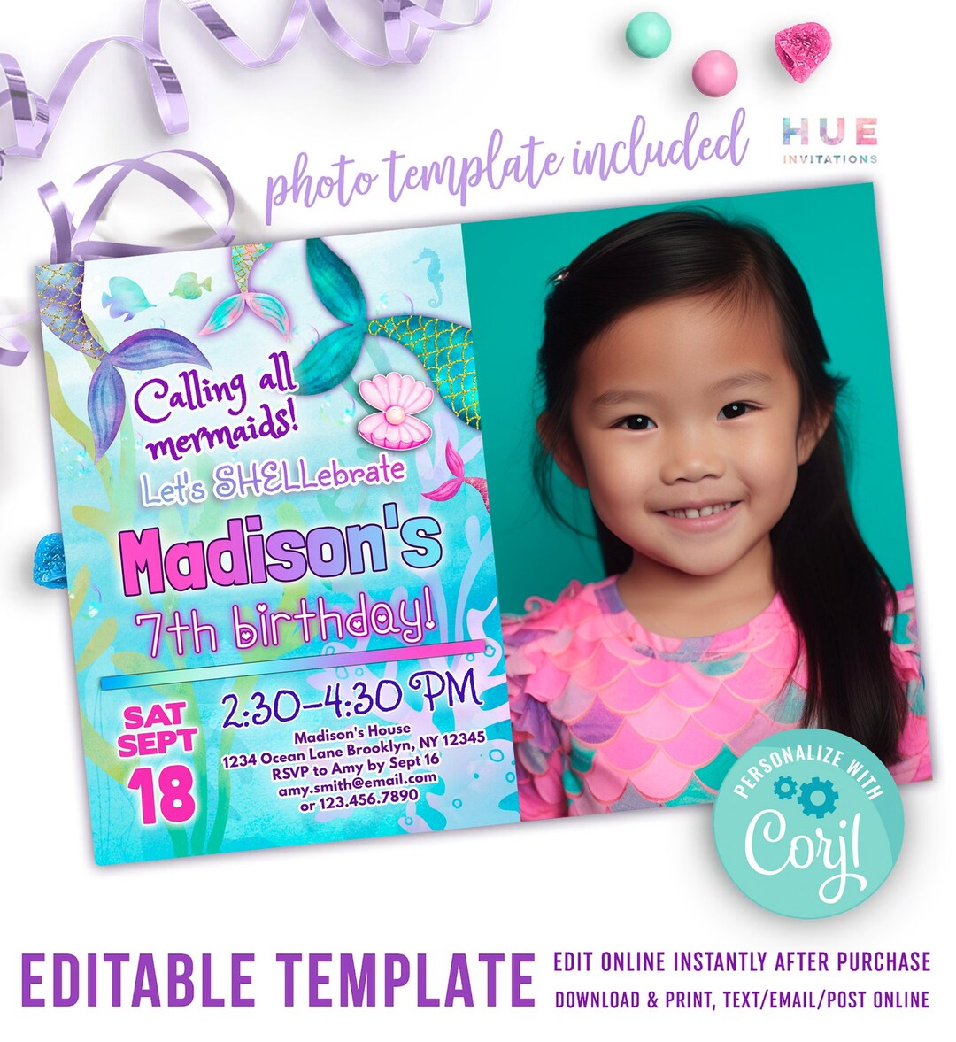 Editable Mermaid Birthday Party Invitation With a Photo Cute Mermaid ...