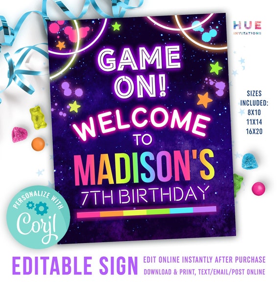 Editable Welcome Sign for Girls Arcade Games Birthday Party - Etsy