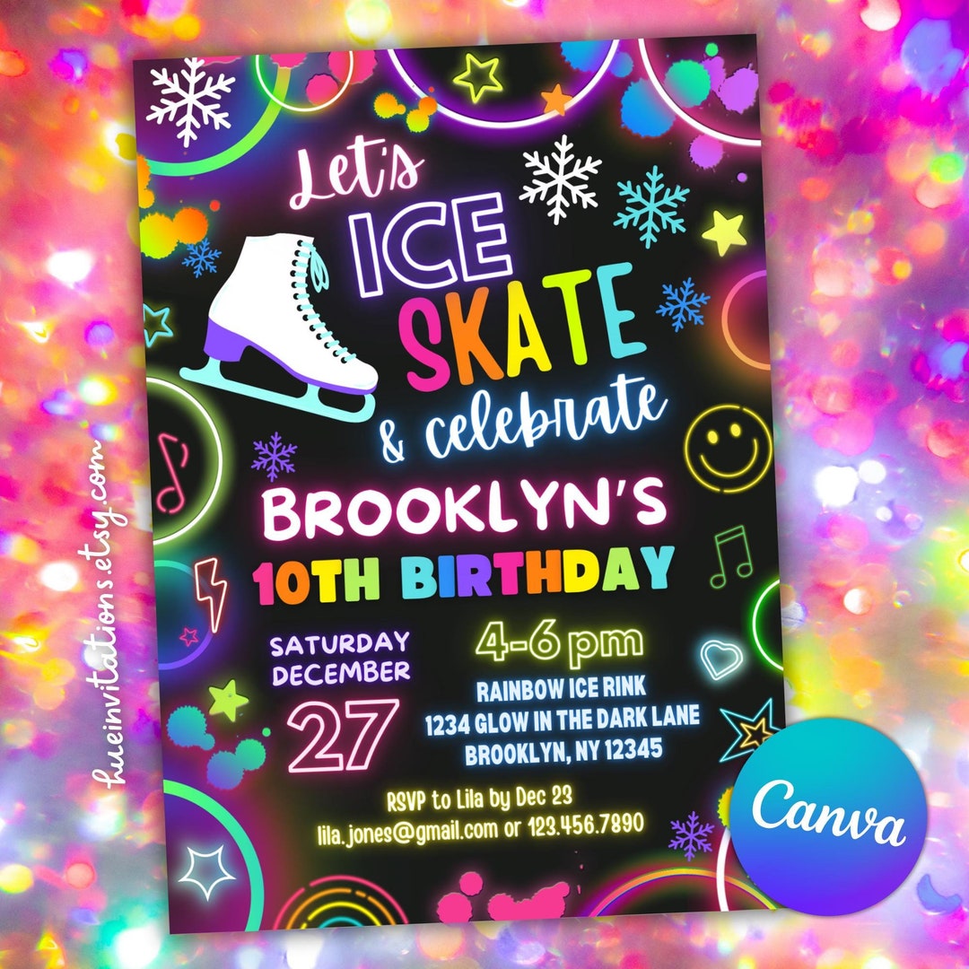 Colorful Ice Skating Birthday Party Invitation Editable With Canva ...