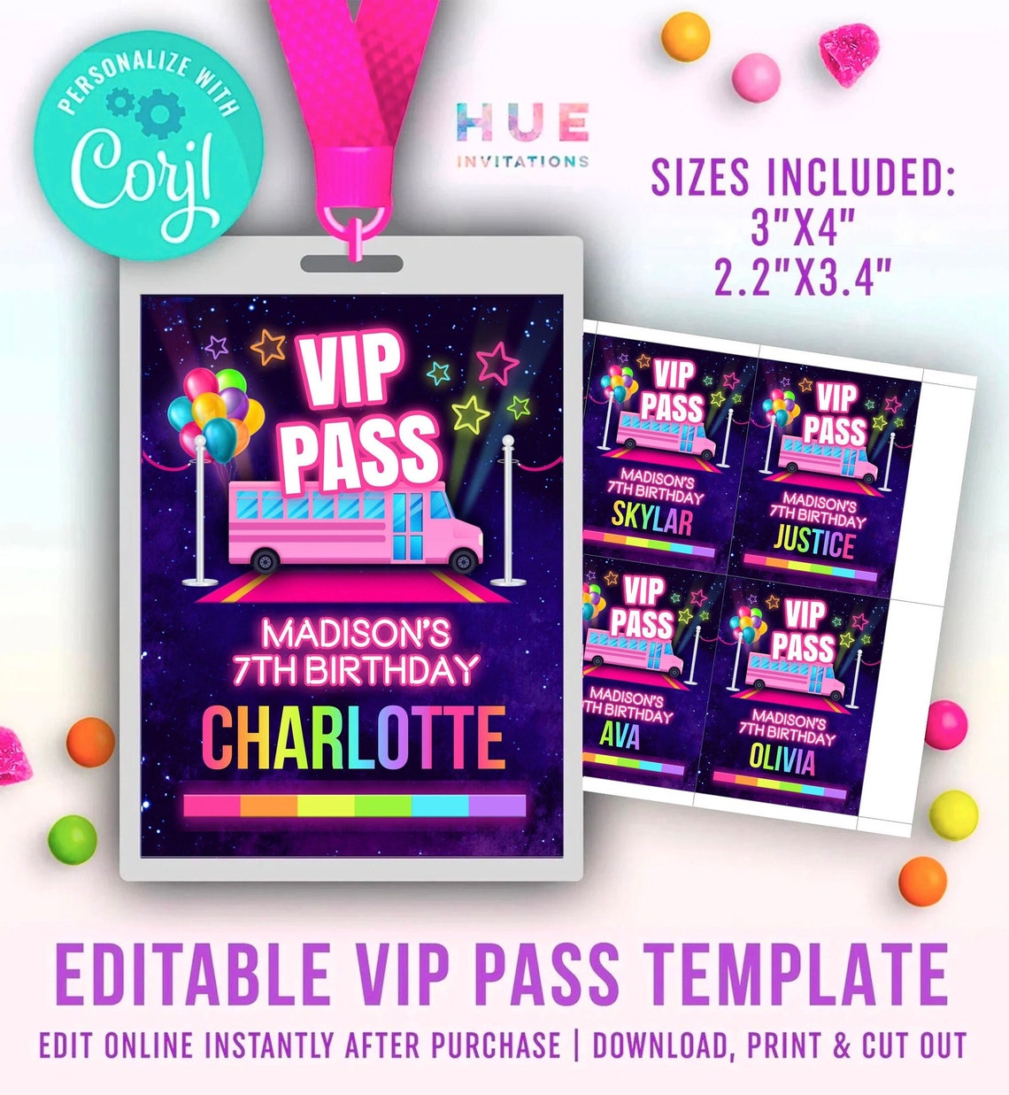 Pink Party Bus VIP Pass Printable Template for Lanyards | Girls Rainbow ...