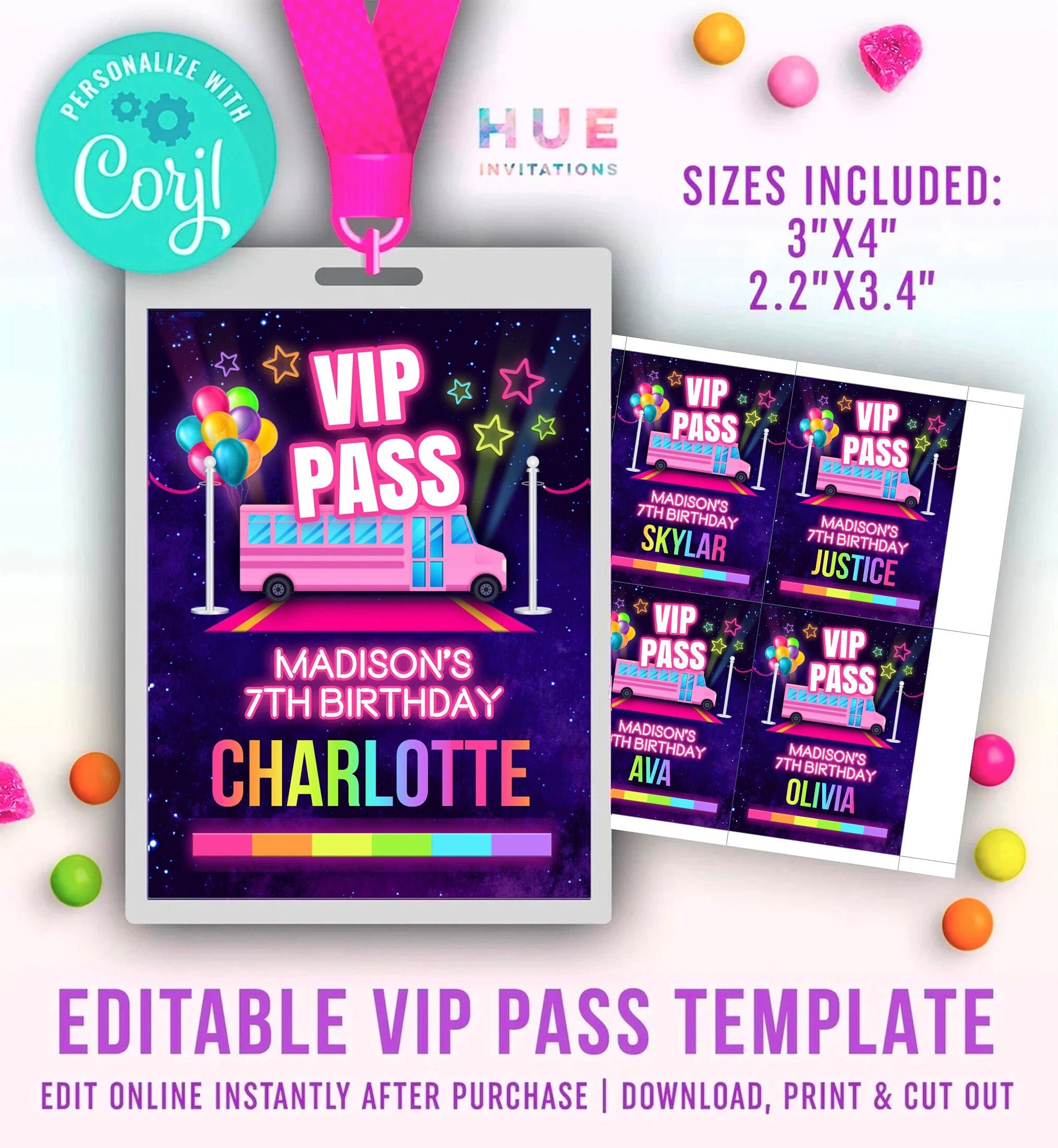 Pink Party Bus VIP Pass Printable Template for Lanyards | Girls Rainbow ...