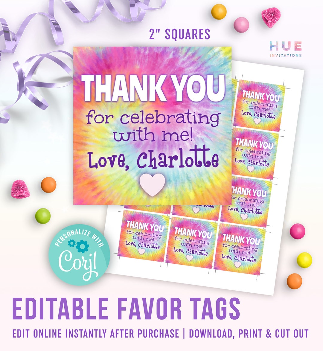 Rainbow Tie Dye Party Favor Tags Instant Download Girls Tie Dye ...