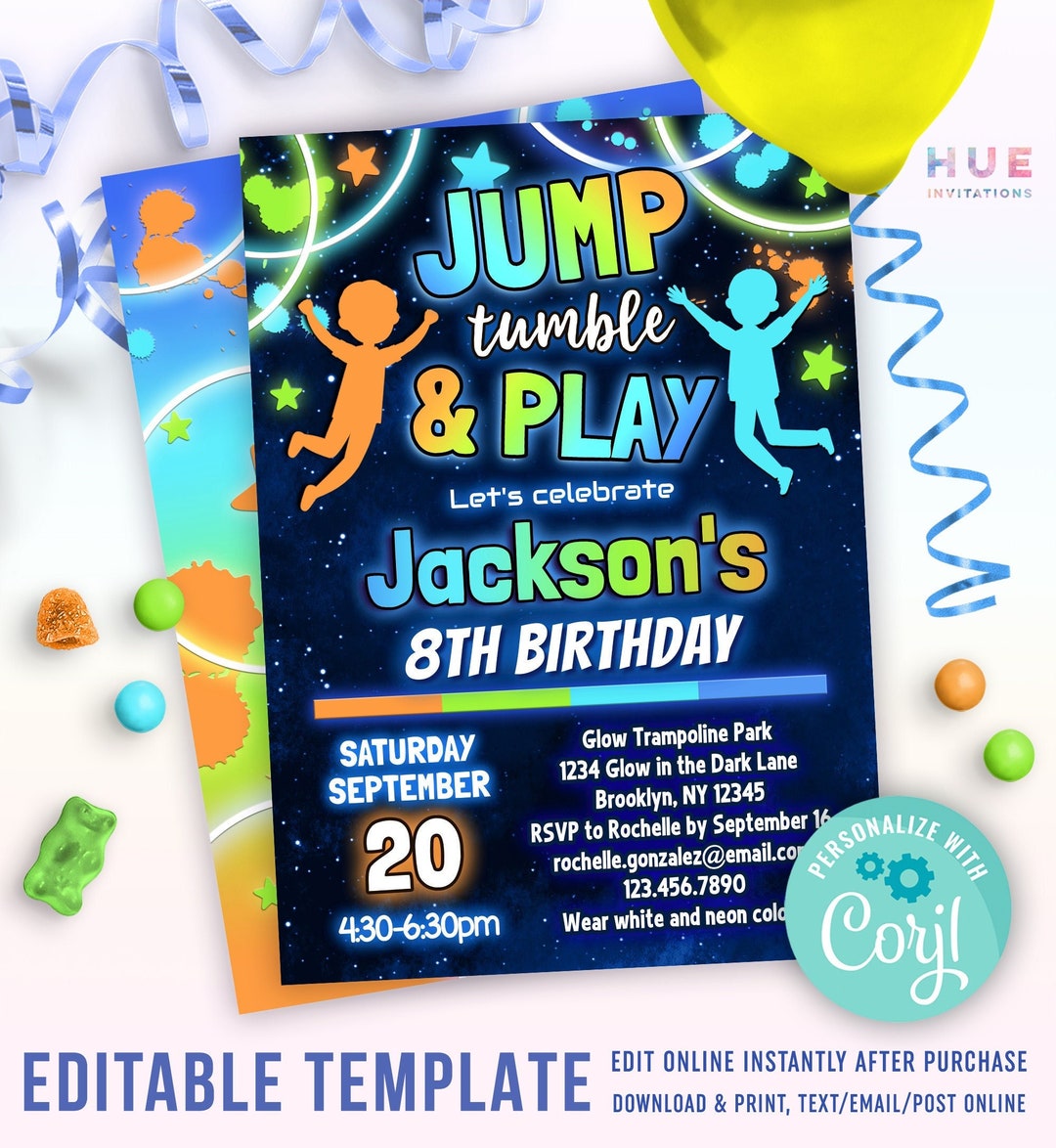 Boys Jump Tumble and Play Invitation Trampoline Park Birthday Party ...