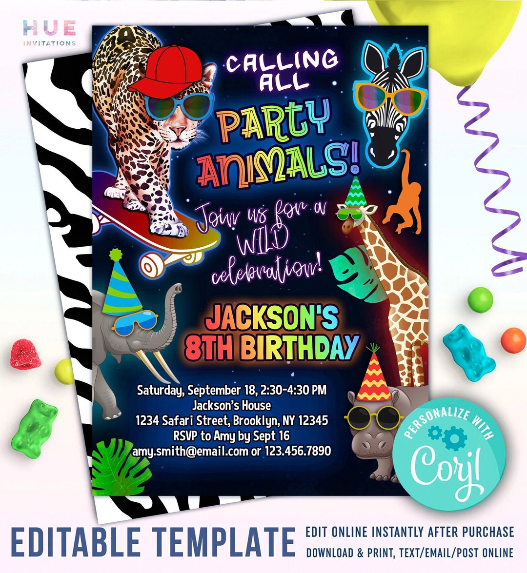 Boys Party Animal Birthday Invitation Editable Template Cute Safari ...